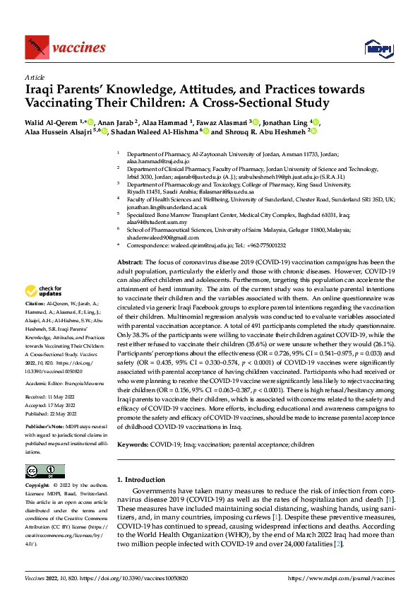 (PDF) Iraqi Parents’ Knowledge, Attitudes, and Practices towards Vaccinating Their Children: A ...
