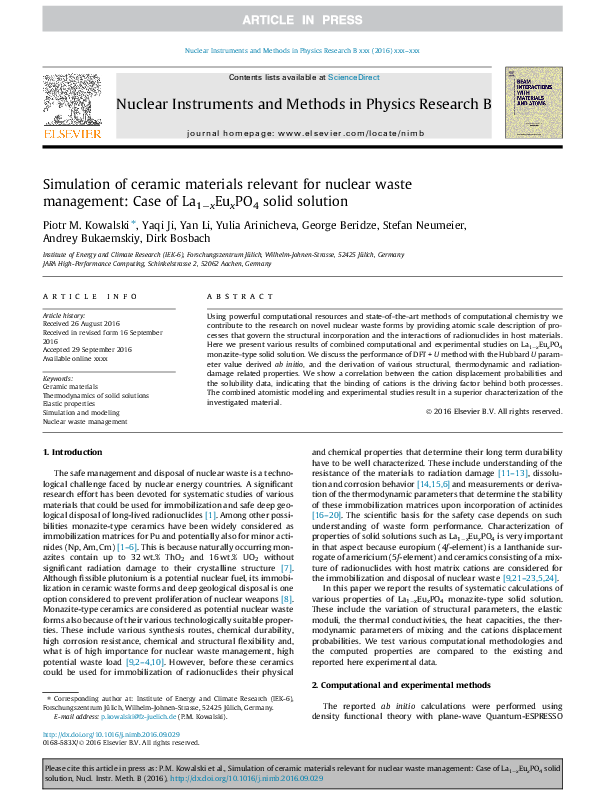 (PDF) Simulation of ceramic materials relevant for nuclear waste ...