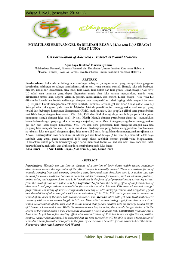 (PDF) Formulasi Sediaan Gel Sari Lidah Buaya (Aloe Vera L.) sebagai Obat Luka