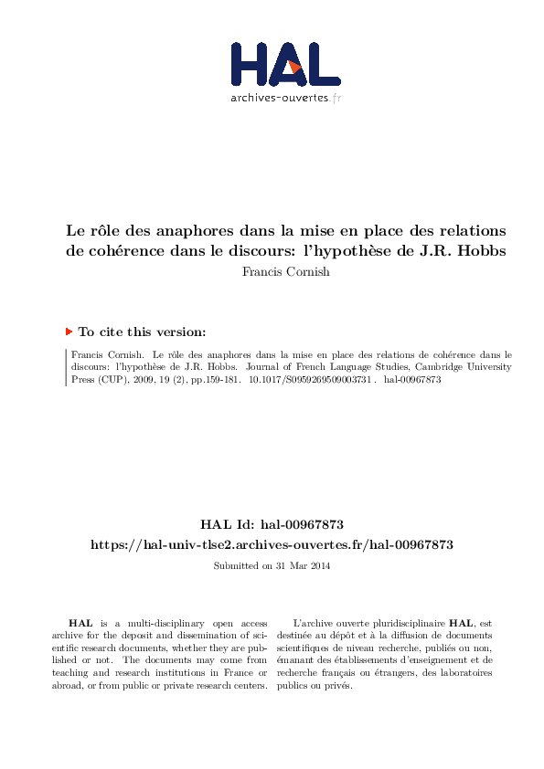 (PDF) Le rôle des anaphores dans la mise en place des relations de ...