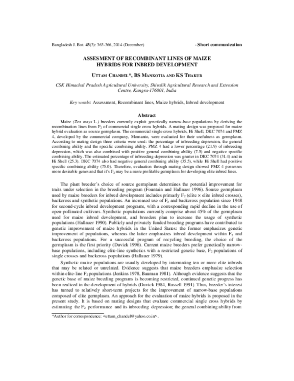(PDF) Assesment of recombinant lines of maize hybrids for inbred development
