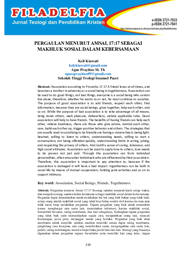 (PDF) Pergaulan Menurut Amsal 17:17 Sebagai Makhluk Sosial Dalam Kebersamaan