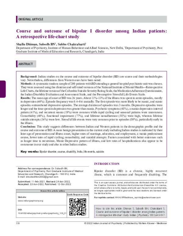 (PDF) Course and outcome of bipolar I disorder among Indian patients: A ...