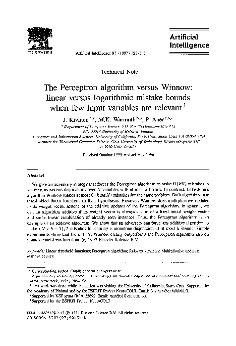 Pdf The Perceptron Algorithm Versus Winnow Linear Versus Logarithmic Mistake Bounds When Few