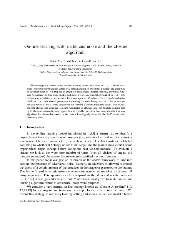 Pdf On Line Learning With Malicious Noise And The Closure Algorithm