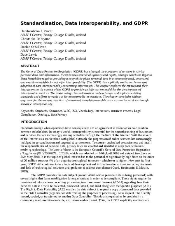 (PDF) Standardisation, Data Interoperability, and GDPR