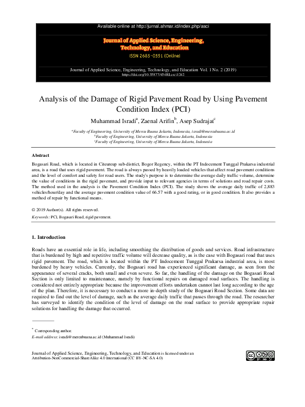 (PDF) Analysis of the Damage of Rigid Pavement Road by Using Pavement Condition Index (PCI)