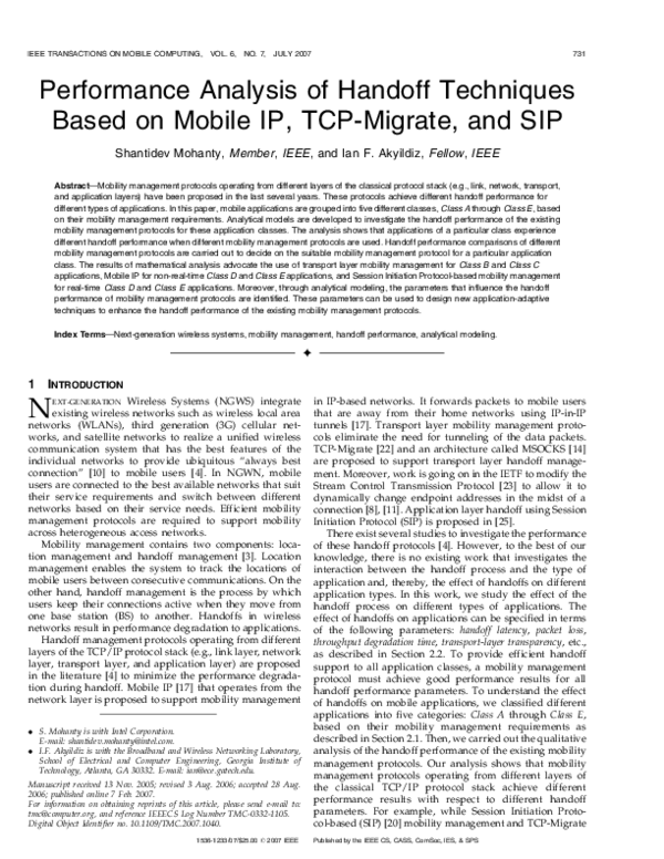 (PDF) Performance Analysis of Handoff Techniques Based on Mobile IP ...
