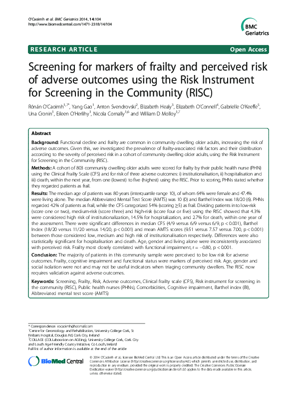 (PDF) Screening for markers of frailty and perceived risk of adverse ...