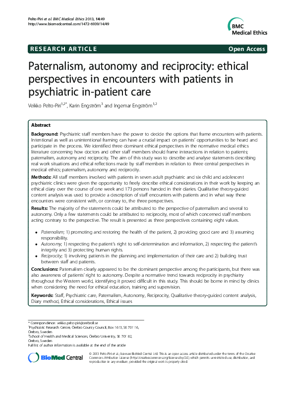 (PDF) Paternalism, autonomy and reciprocity: ethical perspectives in ...