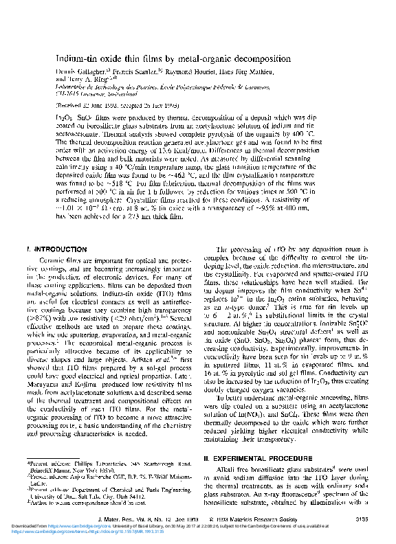 (PDF) Indium-tin oxide thin films by metal-organic decomposition