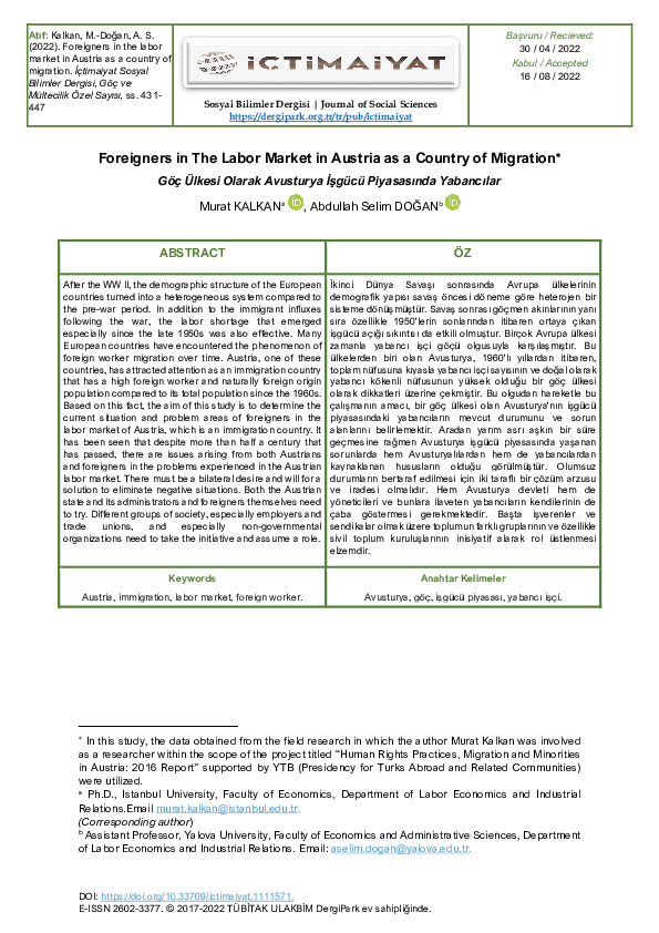 (PDF) Göç Ülkesi̇ Olarak Avusturya İşgücü Pi̇yasasinda Yabancilar
