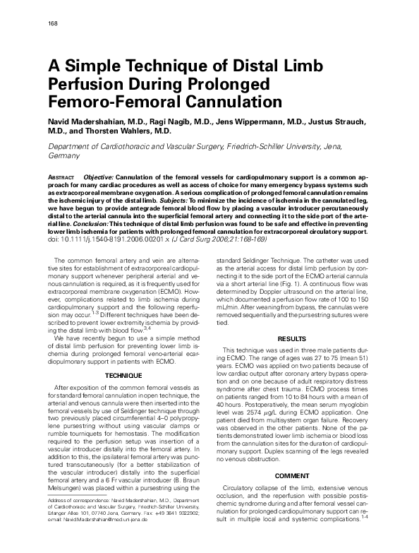 (PDF) Distal Limb Perfusion Technique During Prolonged Femoral Cannulation