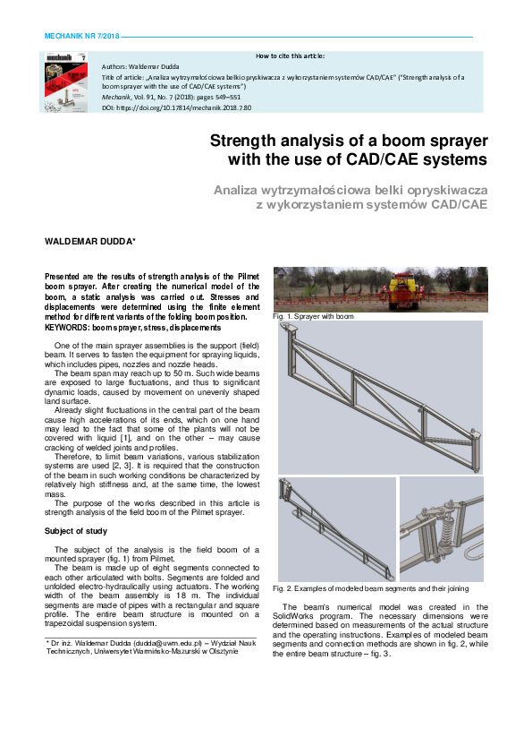 (PDF) Strength analysis of a boom sprayer with the use of CAD/CAE systems