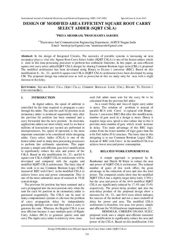Pdf Design Of Modified Area Efficient Square Root Carry Select Adder Sqrt Csla Sachin