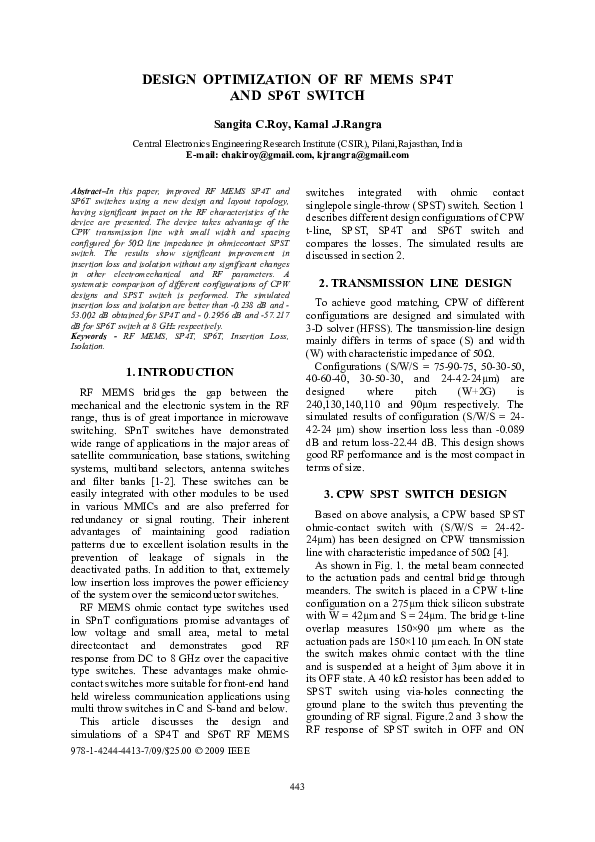 Pdf Design Optimization Of Rf Mems Sp4t And Sp6t Switch