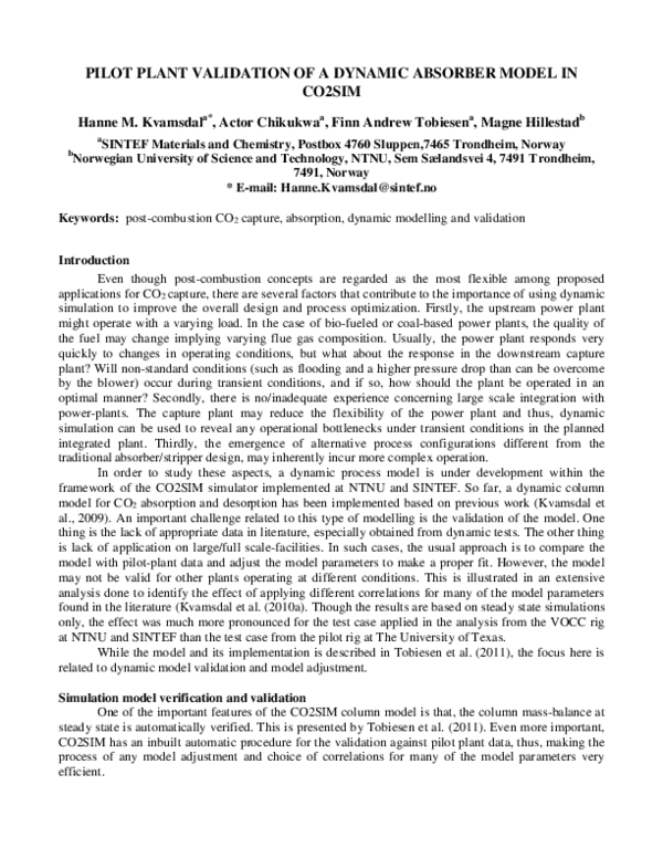 (PDF) Pilot Plant Validation of a Dynamic Absorber Model in CO2SIM
