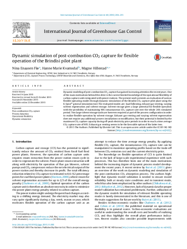 (PDF) Dynamic simulation of post-combustion CO2 capture for flexible operation of the Brindisi ...