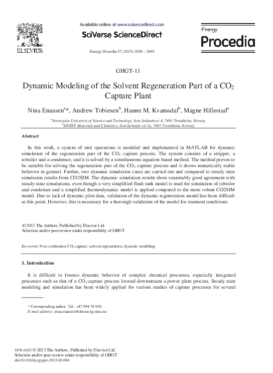 (PDF) Dynamic Modeling of the Solvent Regeneration Part of a CO2 ...