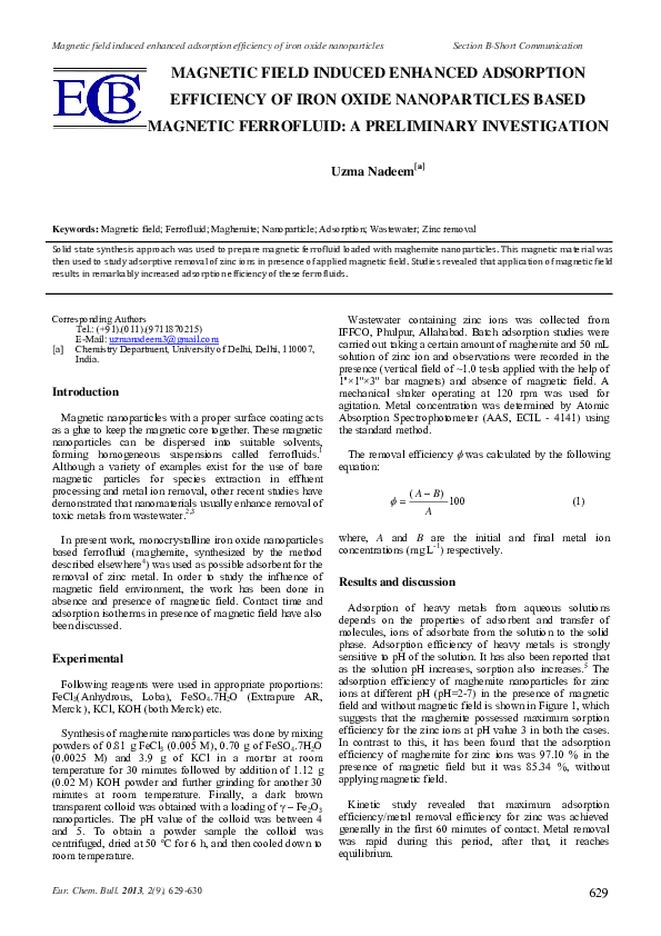 (PDF) Magnetic Field Induced Enhanced Adsorption Efficiency of Iron Oxide Nanoparticles Based ...