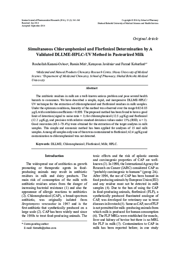 (PDF) Simultaneous Chloramphenicol and Florfenicol Determination by A Validated DLLME-HPLC-UV ...