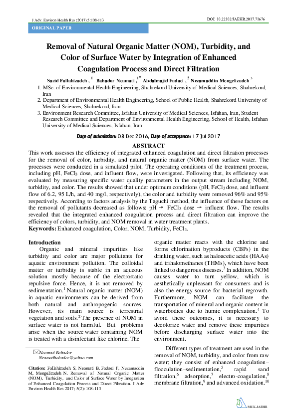 (PDF) Removal of Natural Organic Matter (NOM), Turbidity, and Color of ...