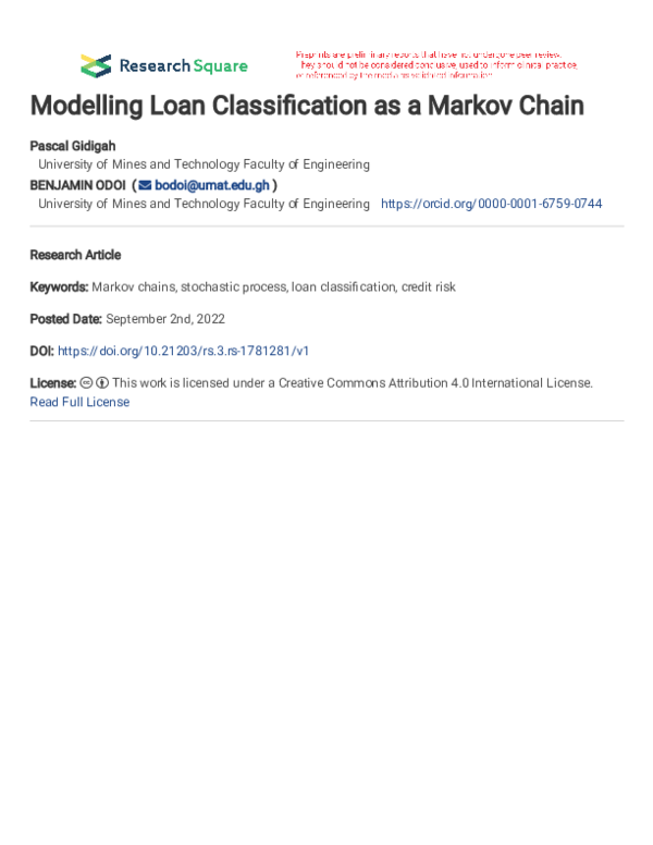 (PDF) Modelling Loan Classification as a Markov Chain