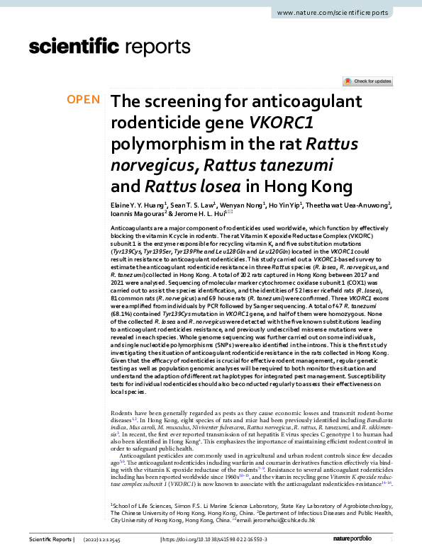 (PDF) The screening for anticoagulant rodenticide gene VKORC1 ...