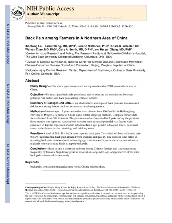 (PDF) Back pain among farmers in a northern area of China