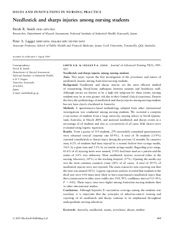 (PDF) Needlestick and sharps injuries among nursing students