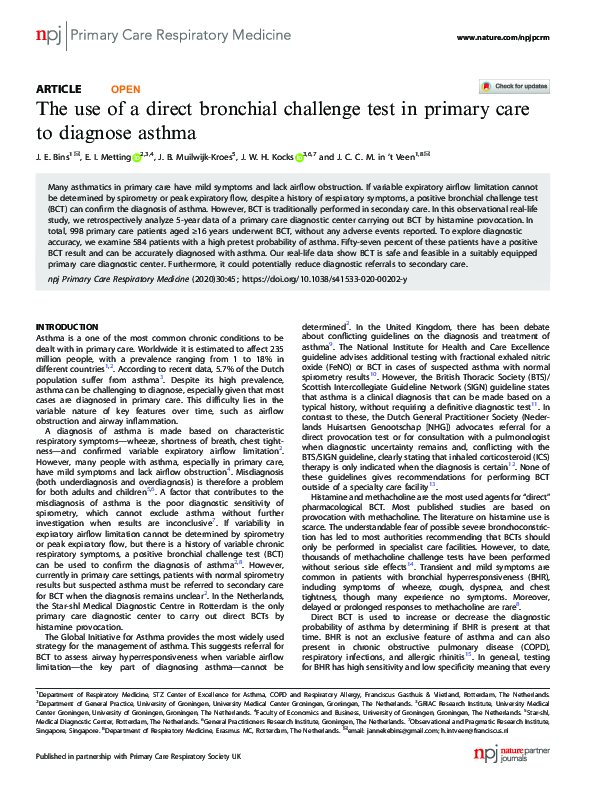 (PDF) The use of a direct bronchial challenge test in primary care to ...