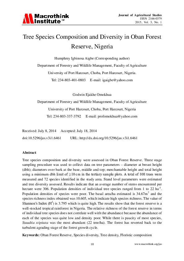 (PDF) Tree Species Composition and Diversity in Oban Forest Reserve, Nigeria