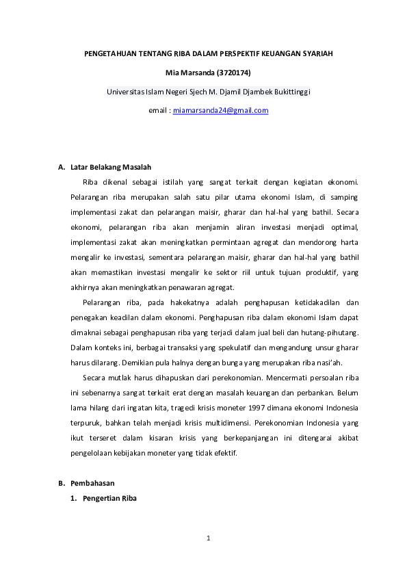 (PDF) PENGETAHUAN TENTANG RIBA DALAM PERSPEKTIF KEUANGAN SYARIAH | Mia ...