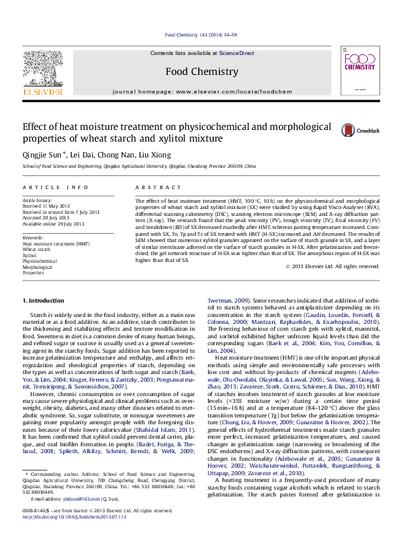 (PDF) Effect of heat moisture treatment on physicochemical and morphological properties of wheat ...