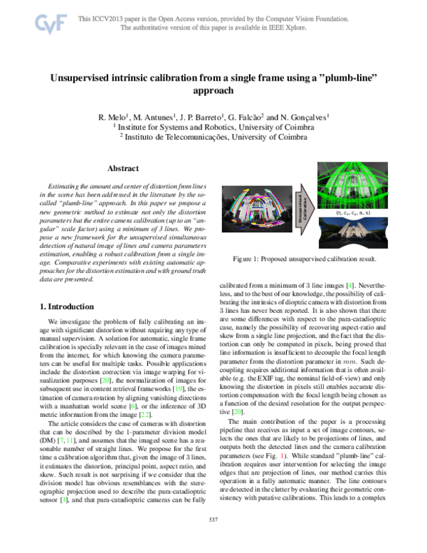 Pdf Unsupervised Intrinsic Calibration From A Single Frame Using A Plumb Line Approach 
