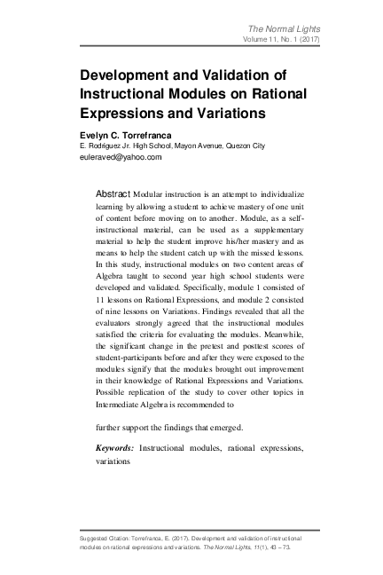 (PDF) Development and Validation of Instructional Modules on Rational Expressions and Variations