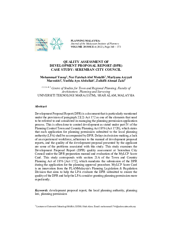 (PDF) Quality Assessment of Development Proposal Report (DPR) Case ...