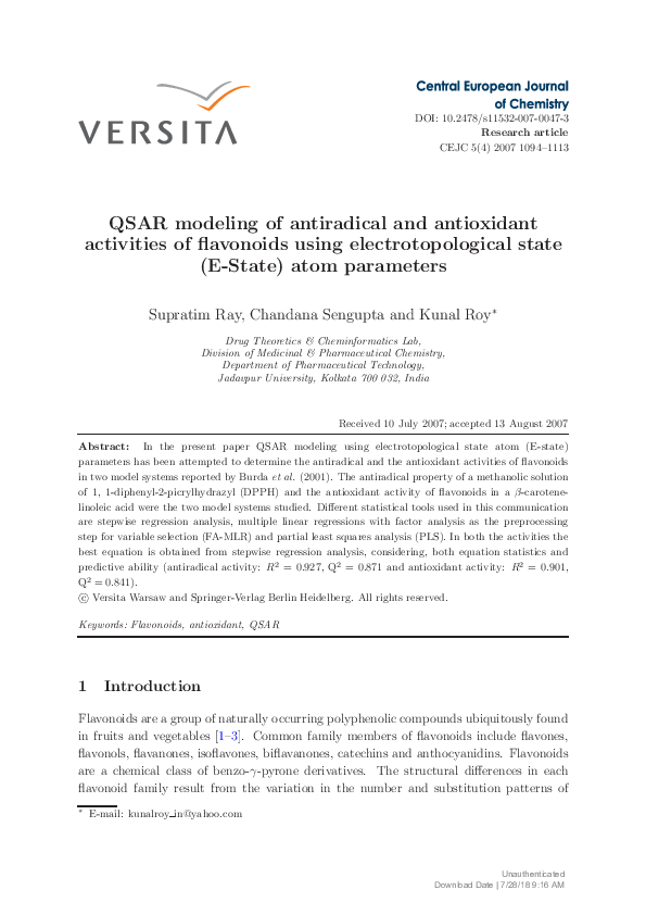 (PDF) QSAR modeling of antiradical and antioxidant activities of flavonoids using ...