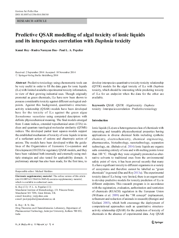 (PDF) Predictive QSAR modelling of algal toxicity of ionic liquids and ...