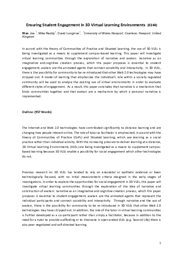 (PDF) Ensuring student engagement in 3D virtual learning environments