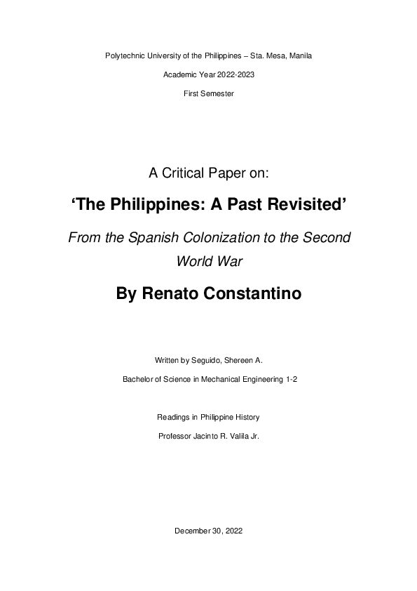 (PDF) A Critical Paper on the Philippine Past Revisited by Renato Constantino (Written By ...