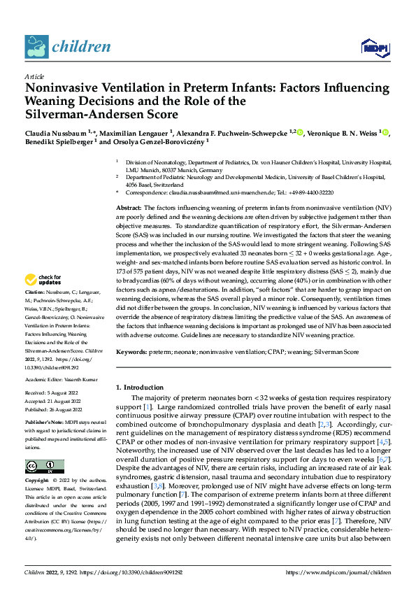 (PDF) Noninvasive Ventilation in Preterm Infants: Factors Influencing ...