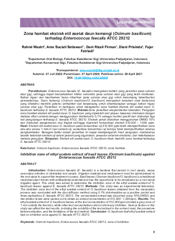 (PDF) Zona hambat ekstrak etil asetat daun kemangi (Ocimum basilicum) terhadap Enterococcus ...