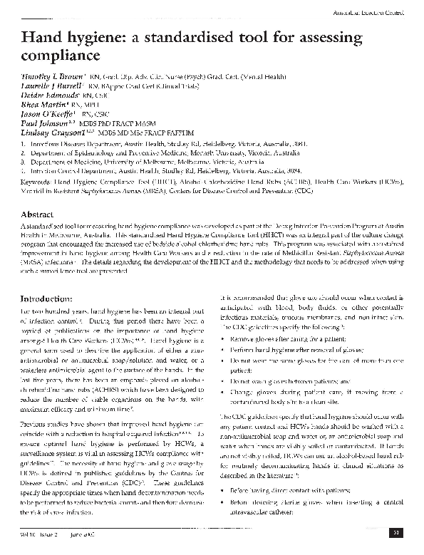 (PDF) Hand hygiene: a standardised tool for assessing compliance