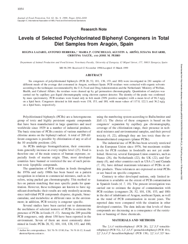 (PDF) Levels of Selected Polychlorinated Biphenyl Congeners in Total ...