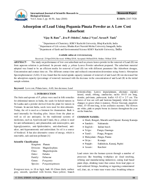 (PDF) Adsorption of Lead Using Pogamia Pinata Powder as A Low Cost ...