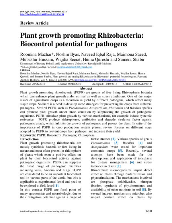 (PDF) Plant growth promoting Rhizobacteria: Biocontrol potential for pathogens