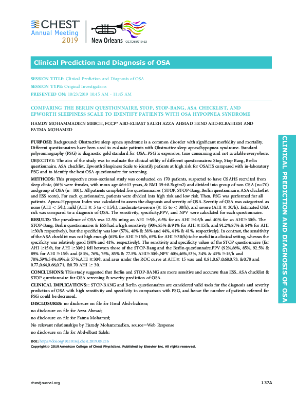 (PDF) Comparing the Berlin Questionnaire, Stop, Stop-Bang, Asa ...
