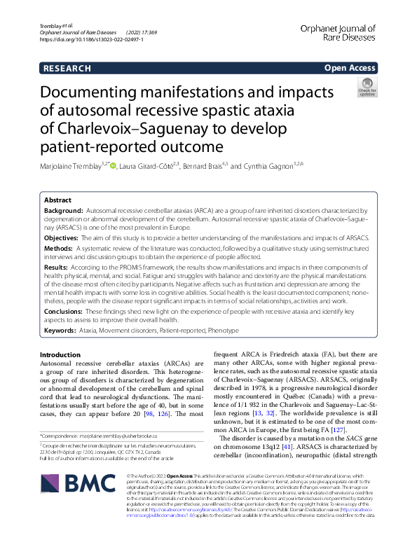 (PDF) Documenting manifestations and impacts of autosomal recessive spastic ataxia of Charlevoix ...