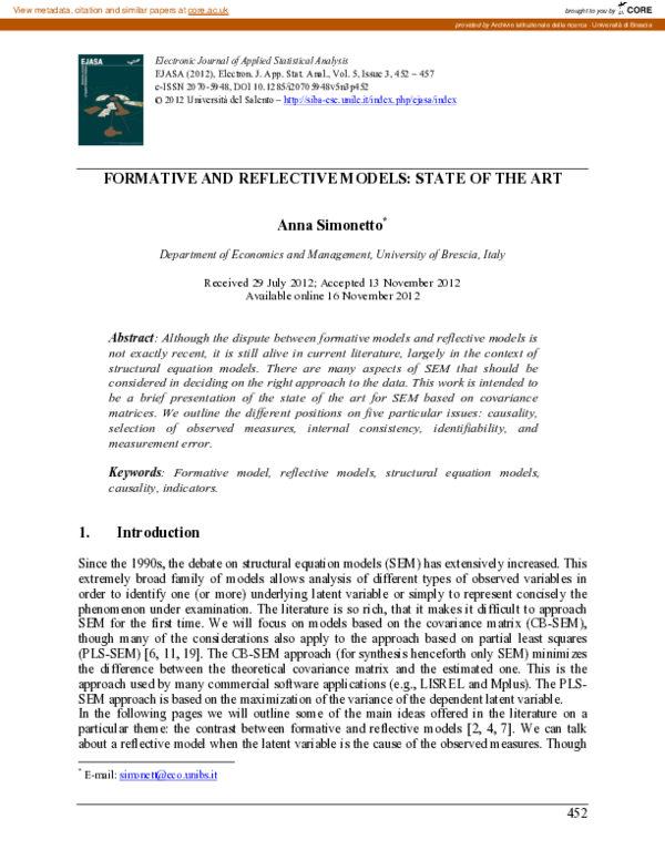(PDF) Formative and reflective models: state of the art